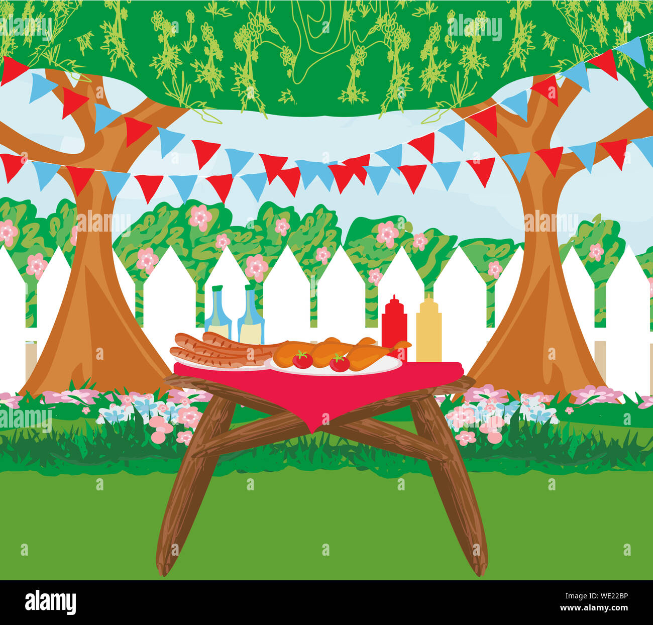 Illustration of backyard barbecue Stock Photo - Alamy