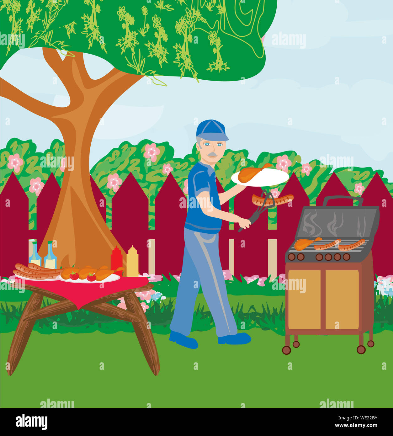 Illustration of backyard barbecue Stock Photo - Alamy