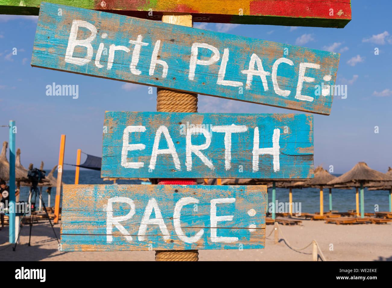 Quotes on wooden colorful signs at Vama Veche beach, Romania Stock ...