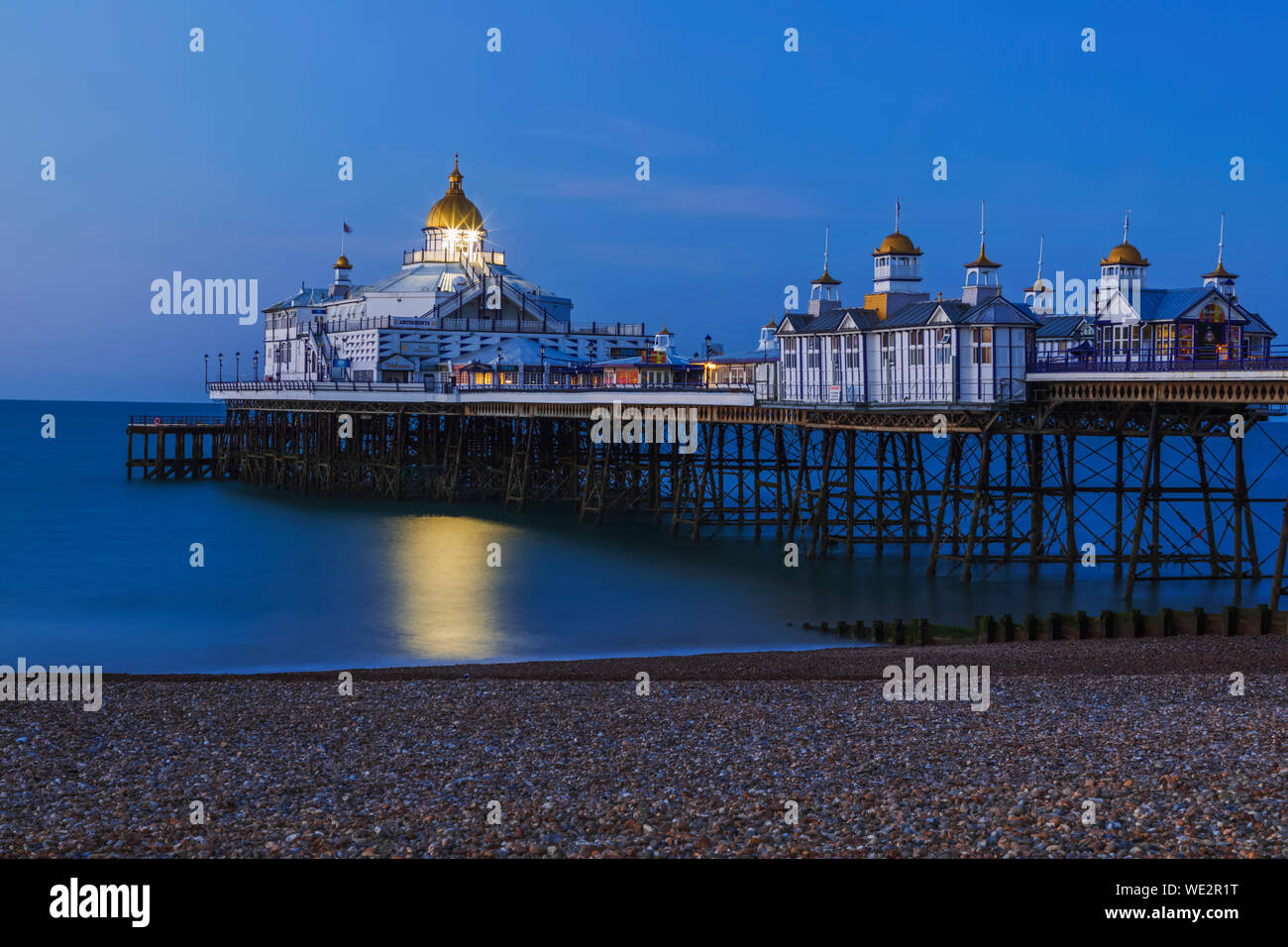 England, East Sussex, Eastbourne, Night View of Eastbourne Beach and ...