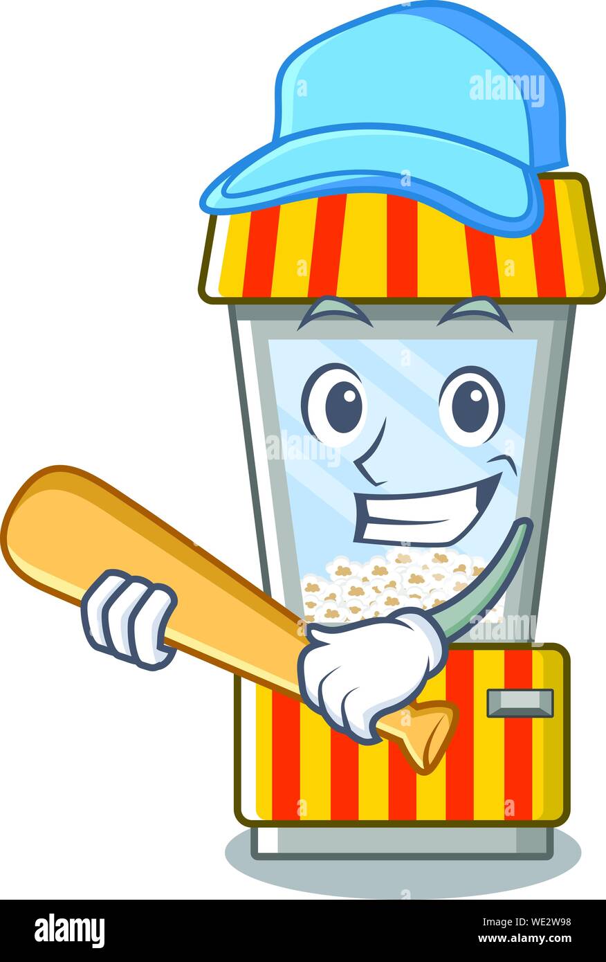 Playing baseball popcorn vending machine cartoon isolated mascot Stock ...