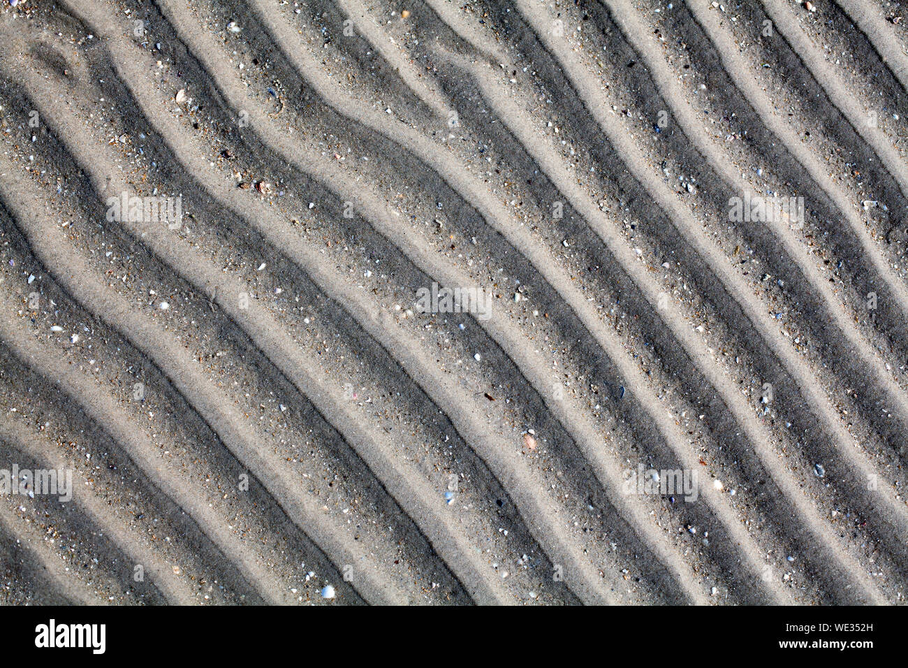 Silver gray sand on sea beach top view close up, ribbed dry sand ...