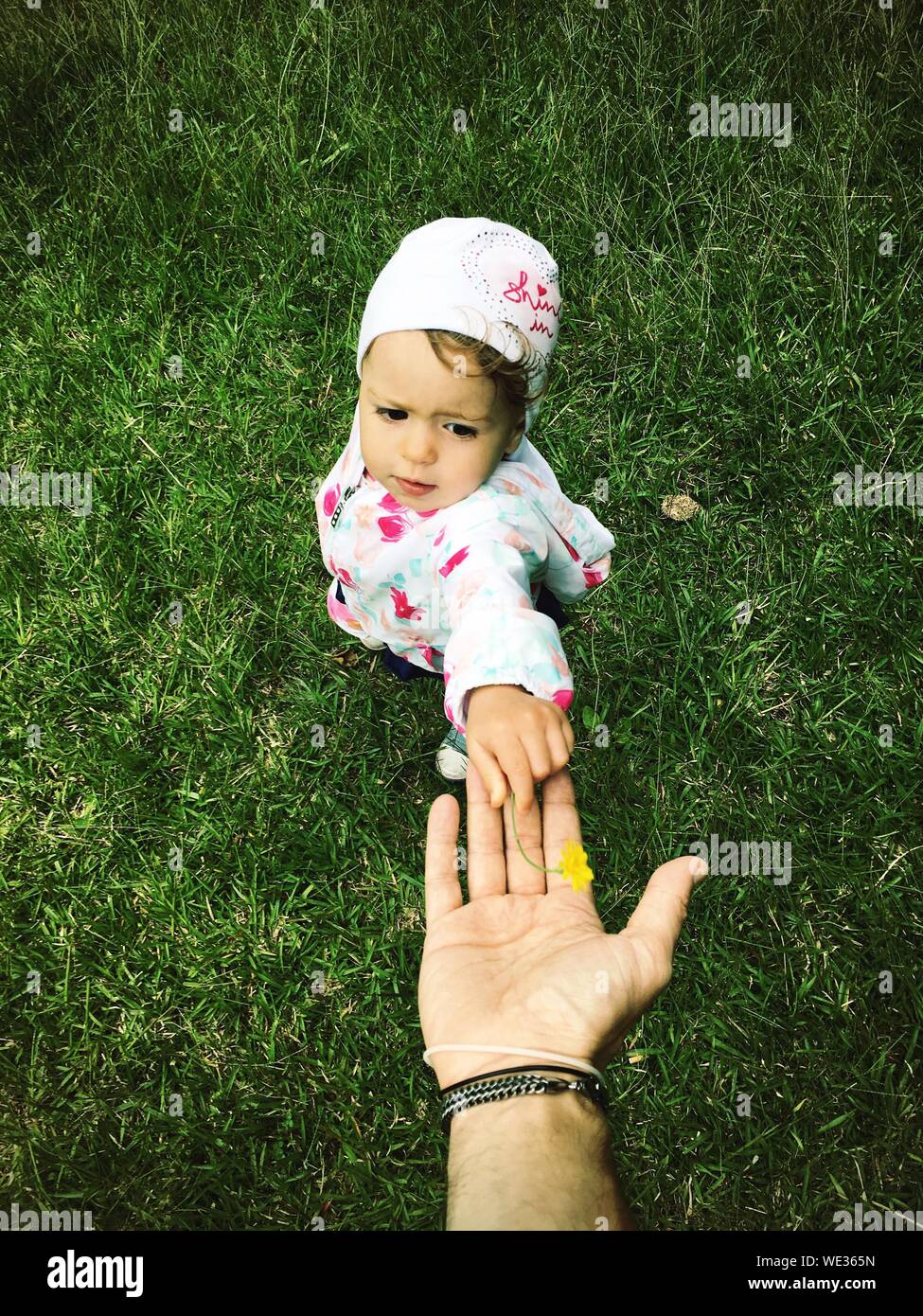 Baby girl giving flower hi-res stock photography and images - Alamy