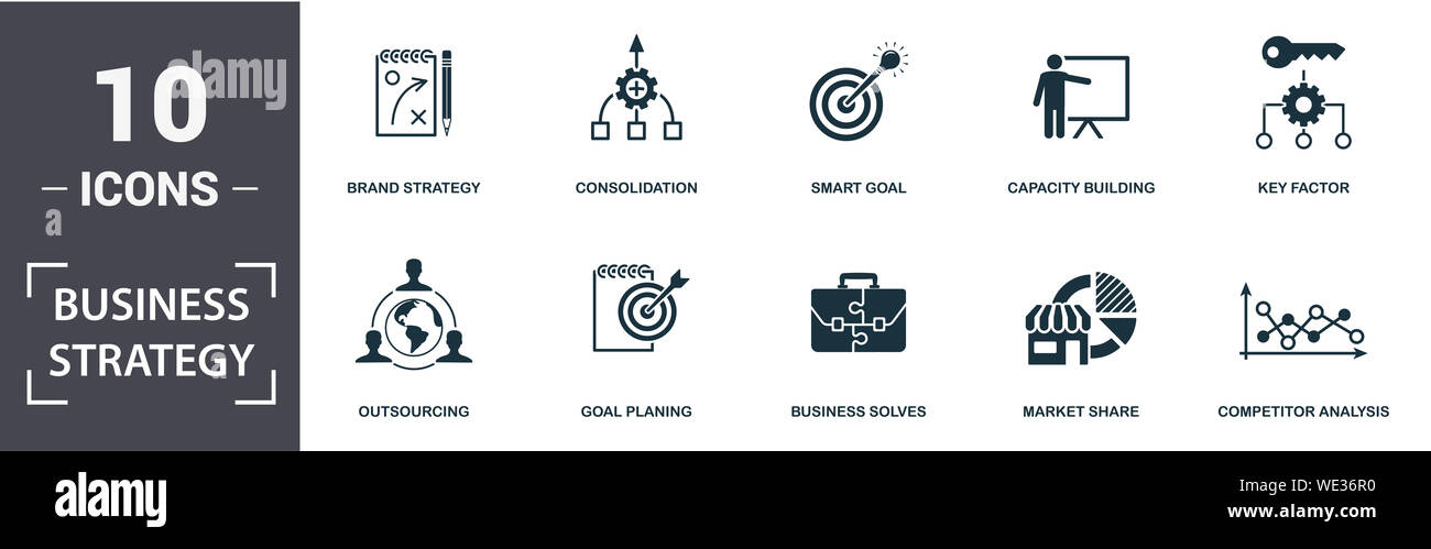 Business Strategy icon set. Contain filled flat business solves, brand ...