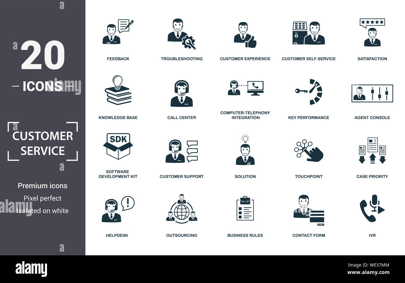 Customer Service icon set. Contain filled flat agent console, case ...