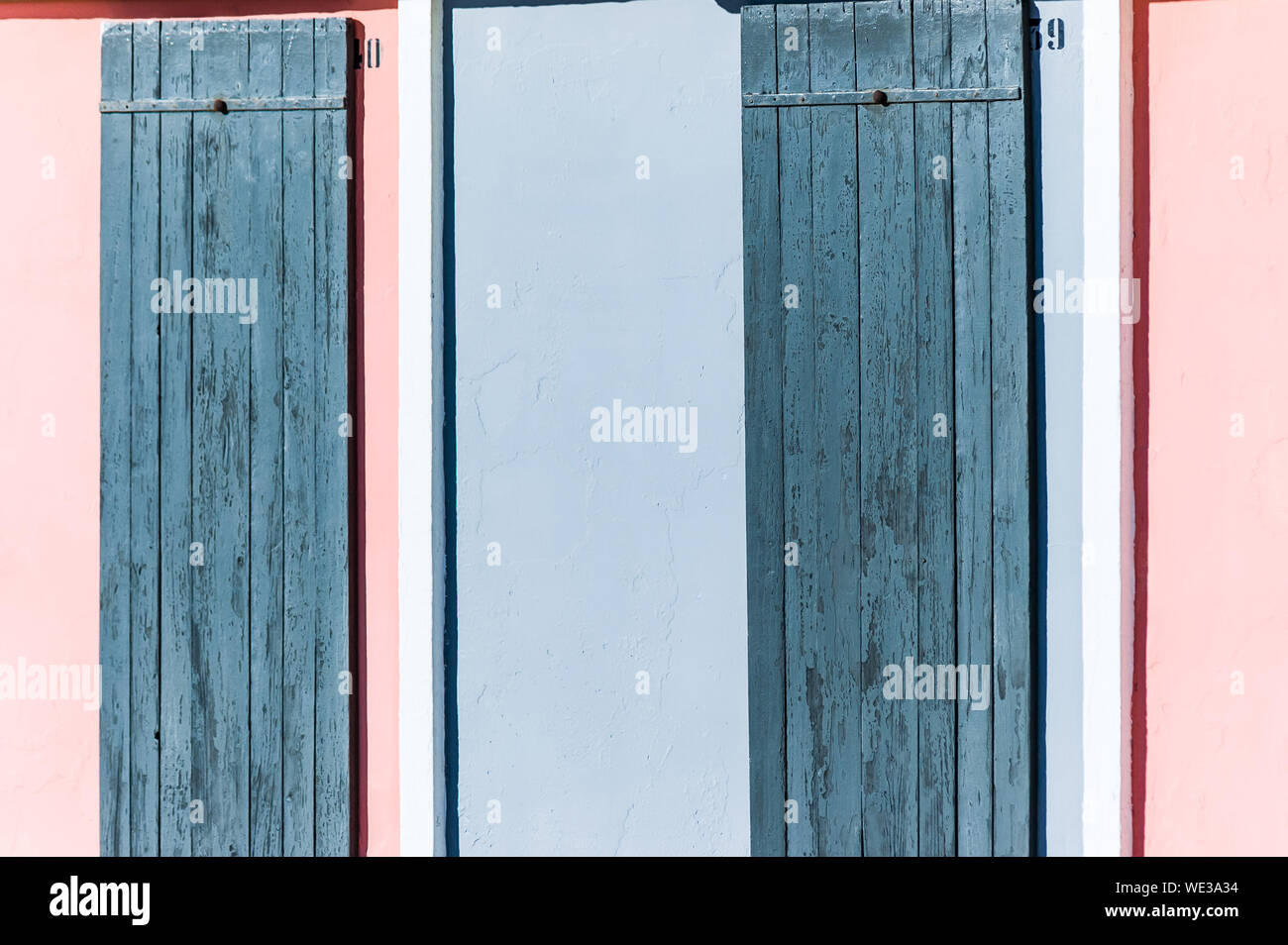 Close up on the texture of beach cabins' doors on the Adriatic coast in ...