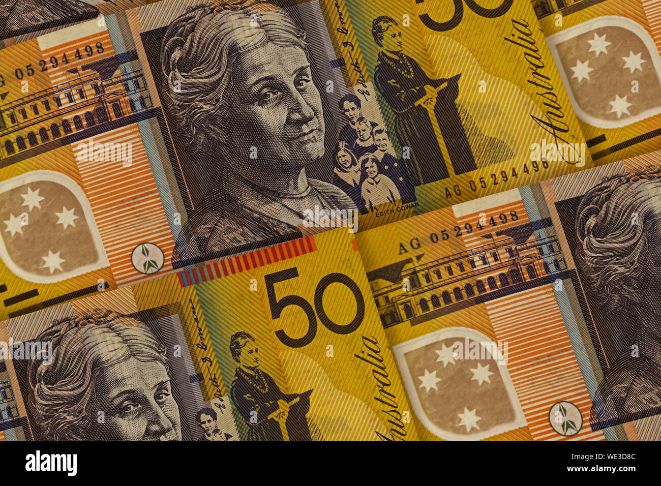 Closeup Australian dollars banknotes background. AUD pattern. 50 Stock ...