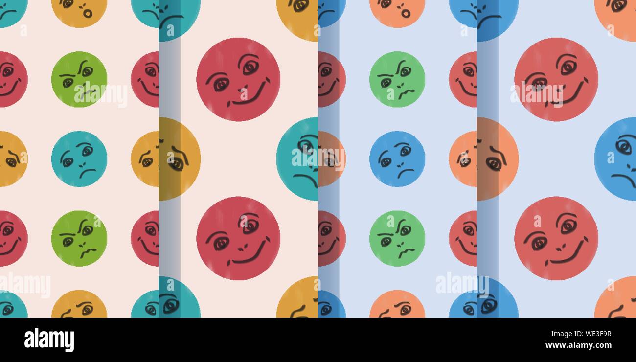 Set of four seamless patterns with funny cartoon comic faces in modern ...
