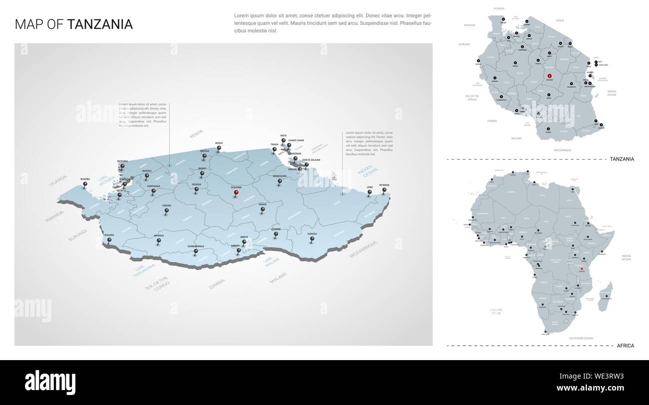 Vector set of Tanzania country. Isometric 3d map, Tanzania map, Africa ...