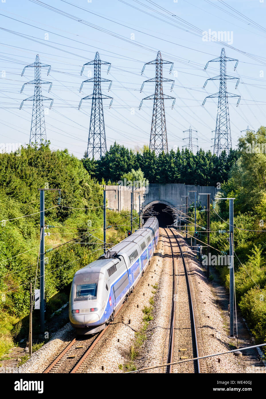 A double-decker TGV Duplex high-speed train in Atlantic livery is ...