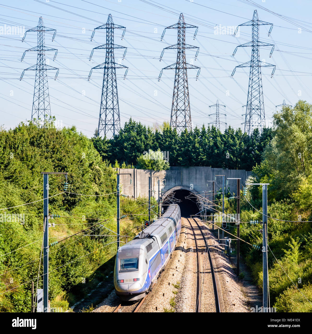 A double-decker TGV Duplex high-speed train in Atlantic livery is ...