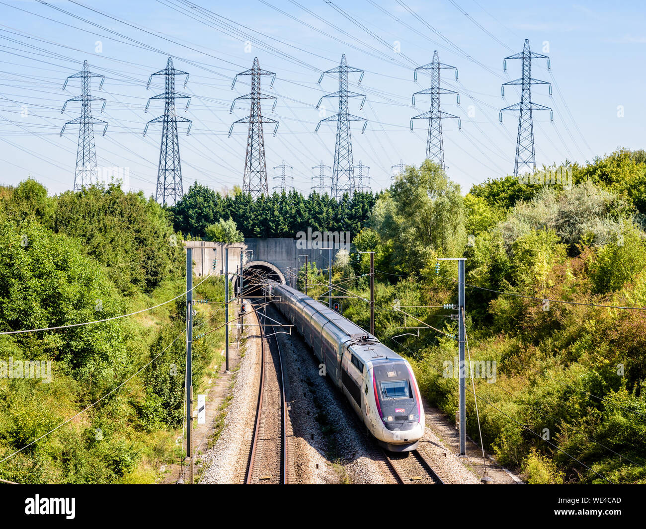 A double-decker TGV Duplex high-speed train in Carmillon livery is ...