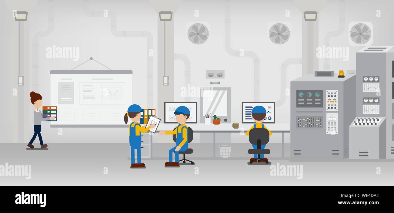 Factory in process with workers working flat design vector illustration ...