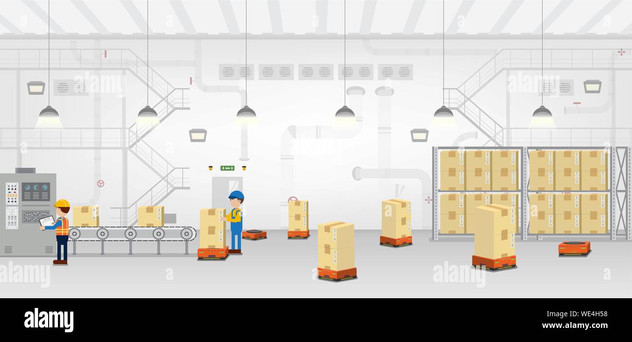 Warehouse in process with workers working flat design vector ...