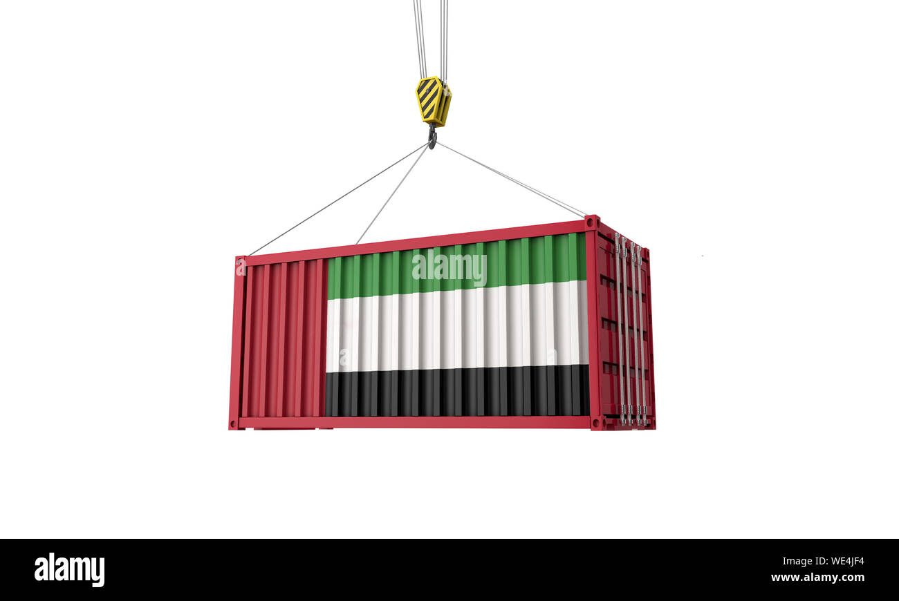 UAE flag cargo trade container hanging from a crane. 3D Render Stock ...