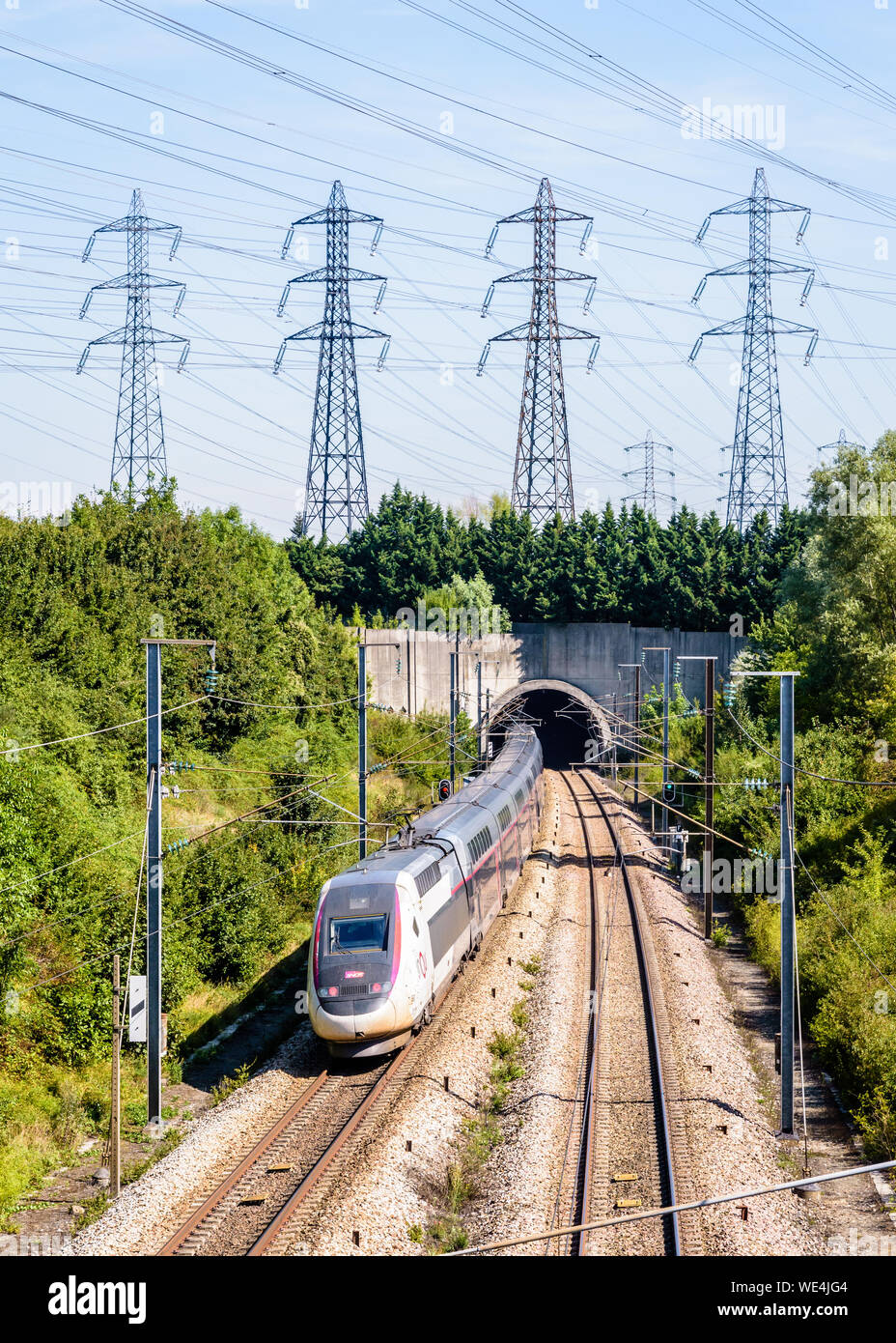 A double-decker TGV Duplex high-speed train in Carmillon livery is ...