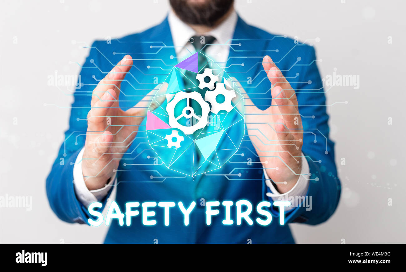 Text sign showing Safety First. Business photo text used to say that ...