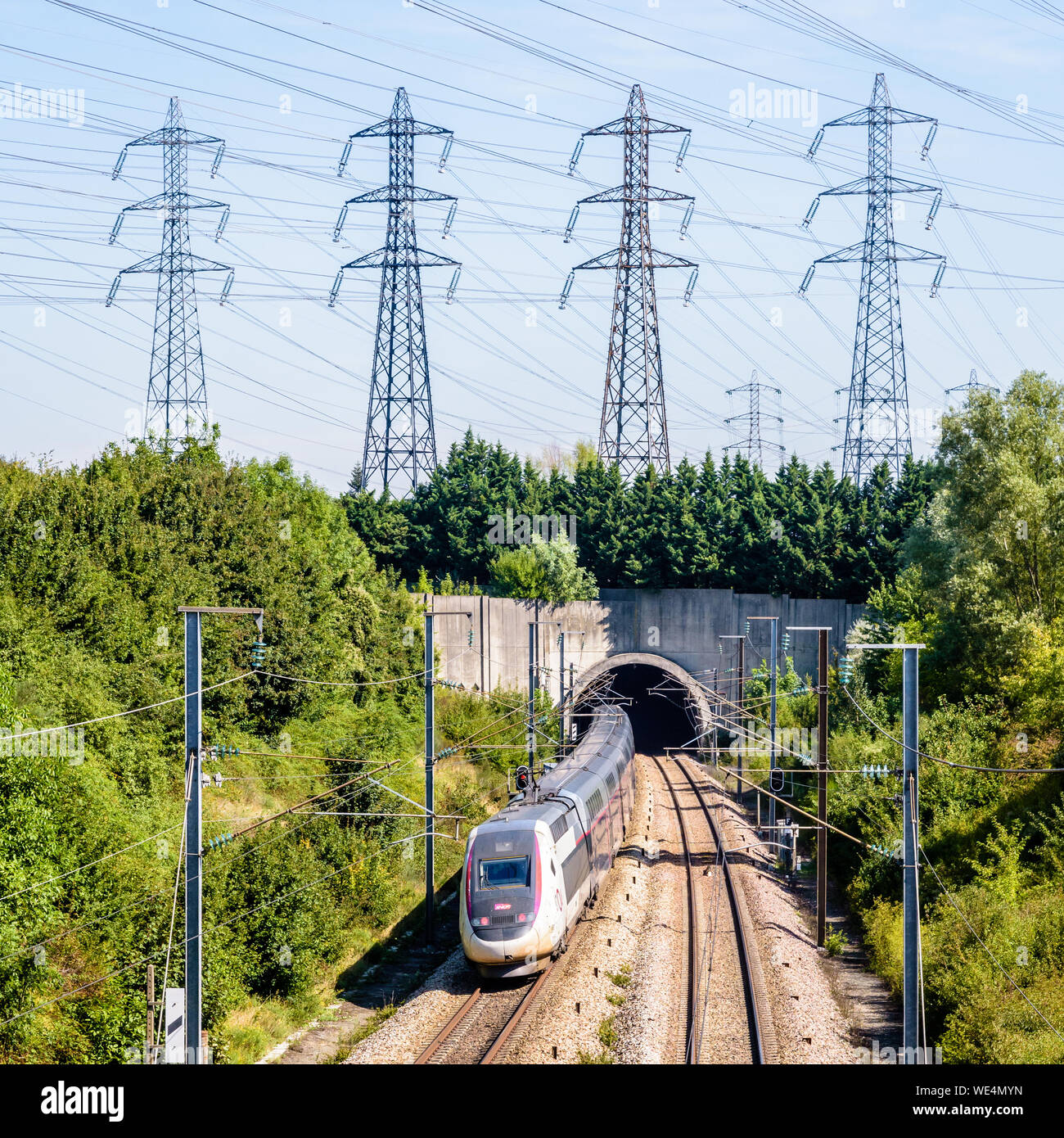 A double-decker TGV Duplex high-speed train in Carmillon livery is ...