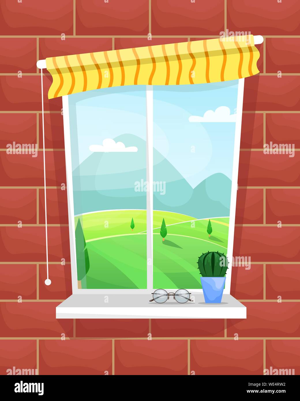 Atmospheric summer window with a cactus and eyeglasses. Cozy interior ...