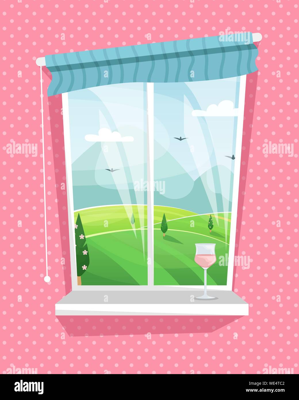 Atmospheric spring window with a glass of a rose wine. Cozy spring days ...