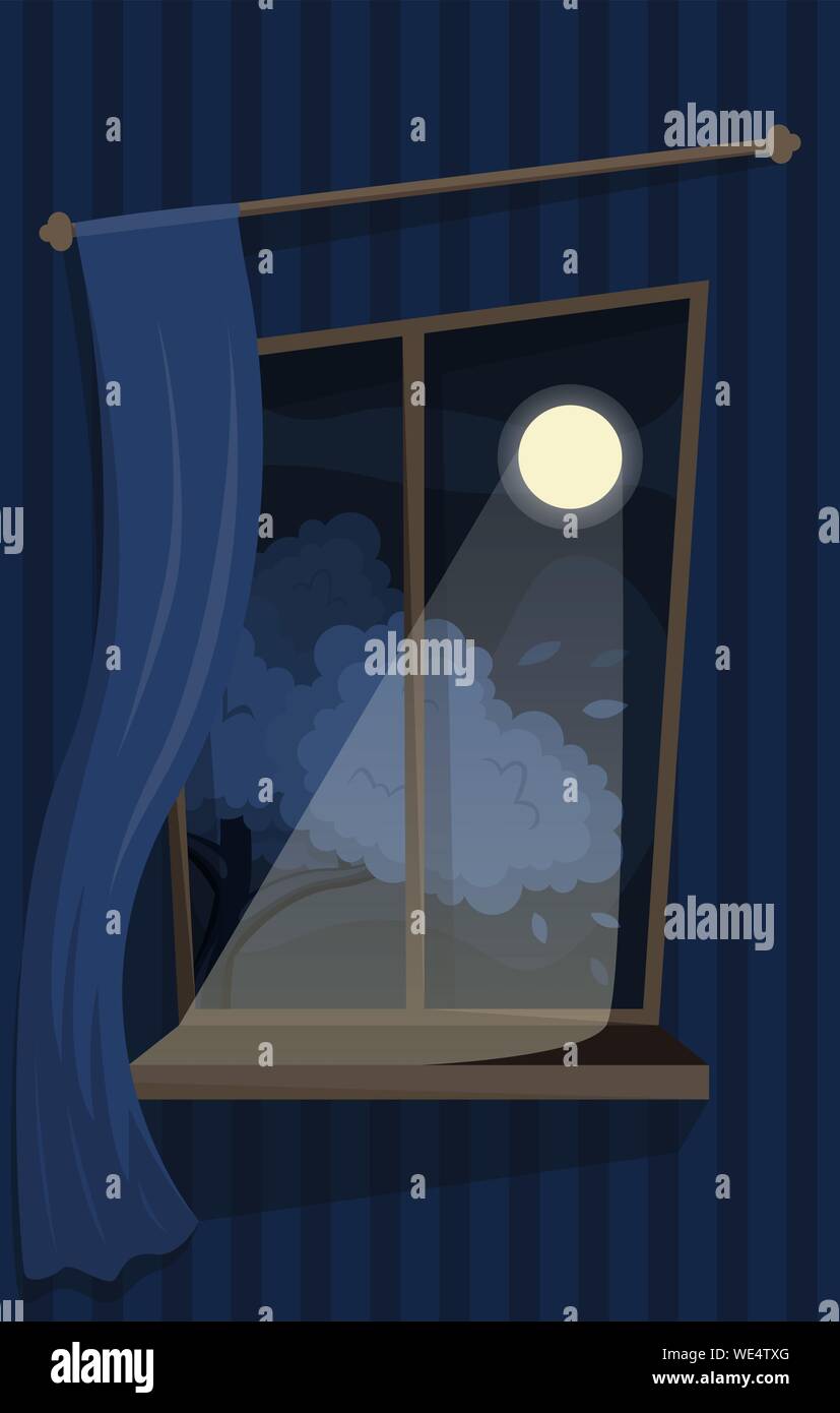 Atmospheric window with a curtain. Cozy view on the moon and tree. Flat ...