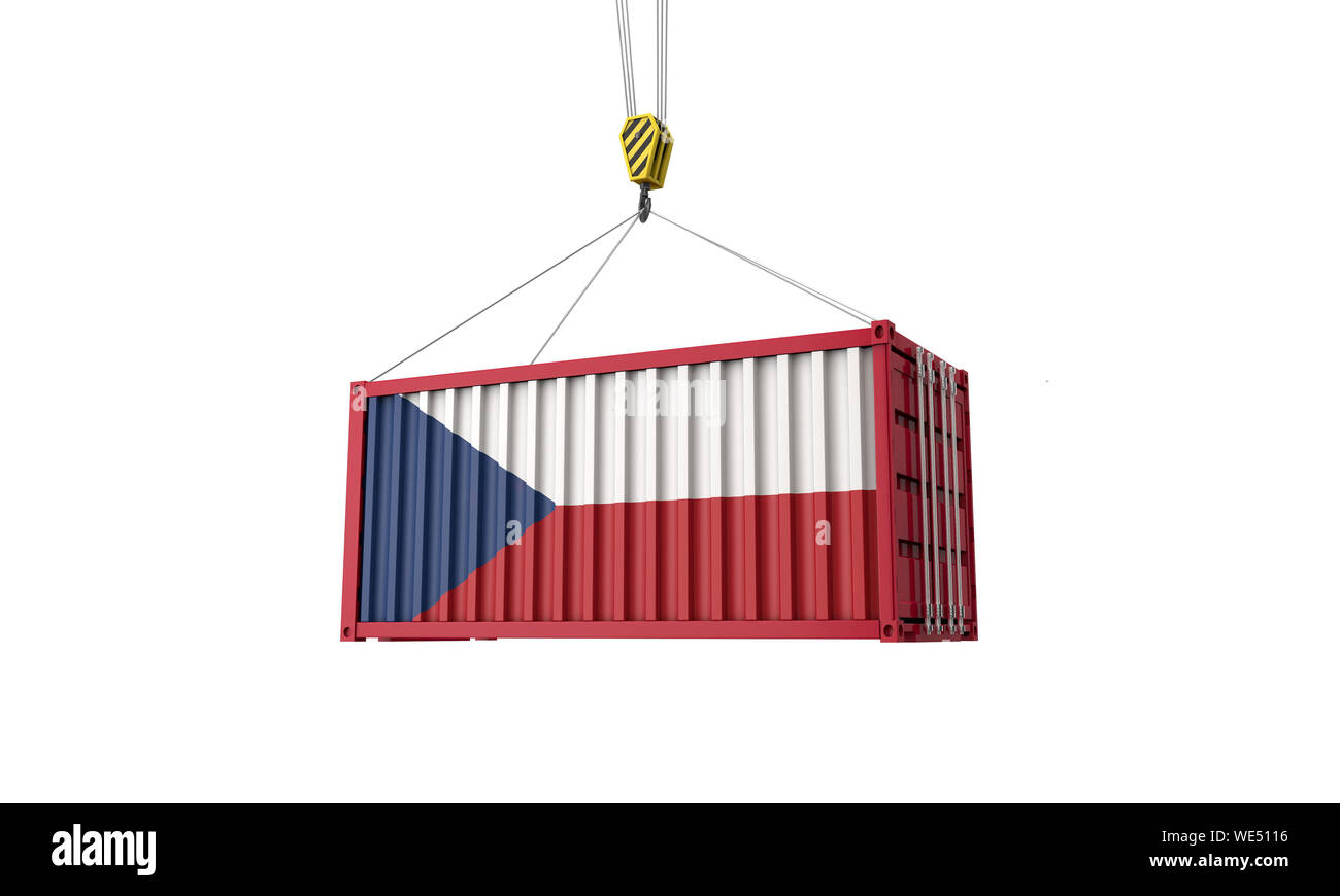 Czech Republic flag cargo trade container hanging from a crane. 3D ...