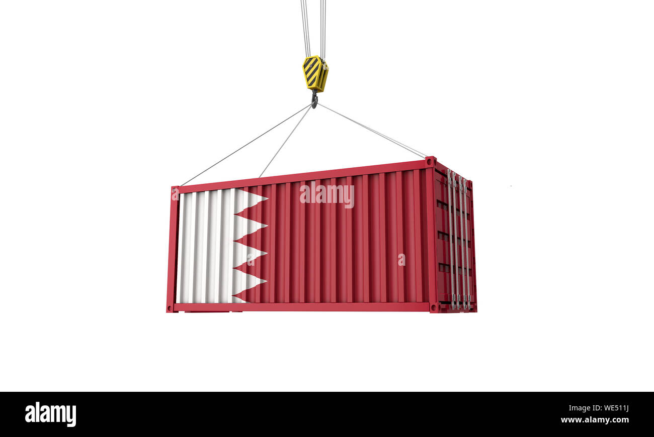 Bahrain flag cargo trade container hanging from a crane. 3D Render ...