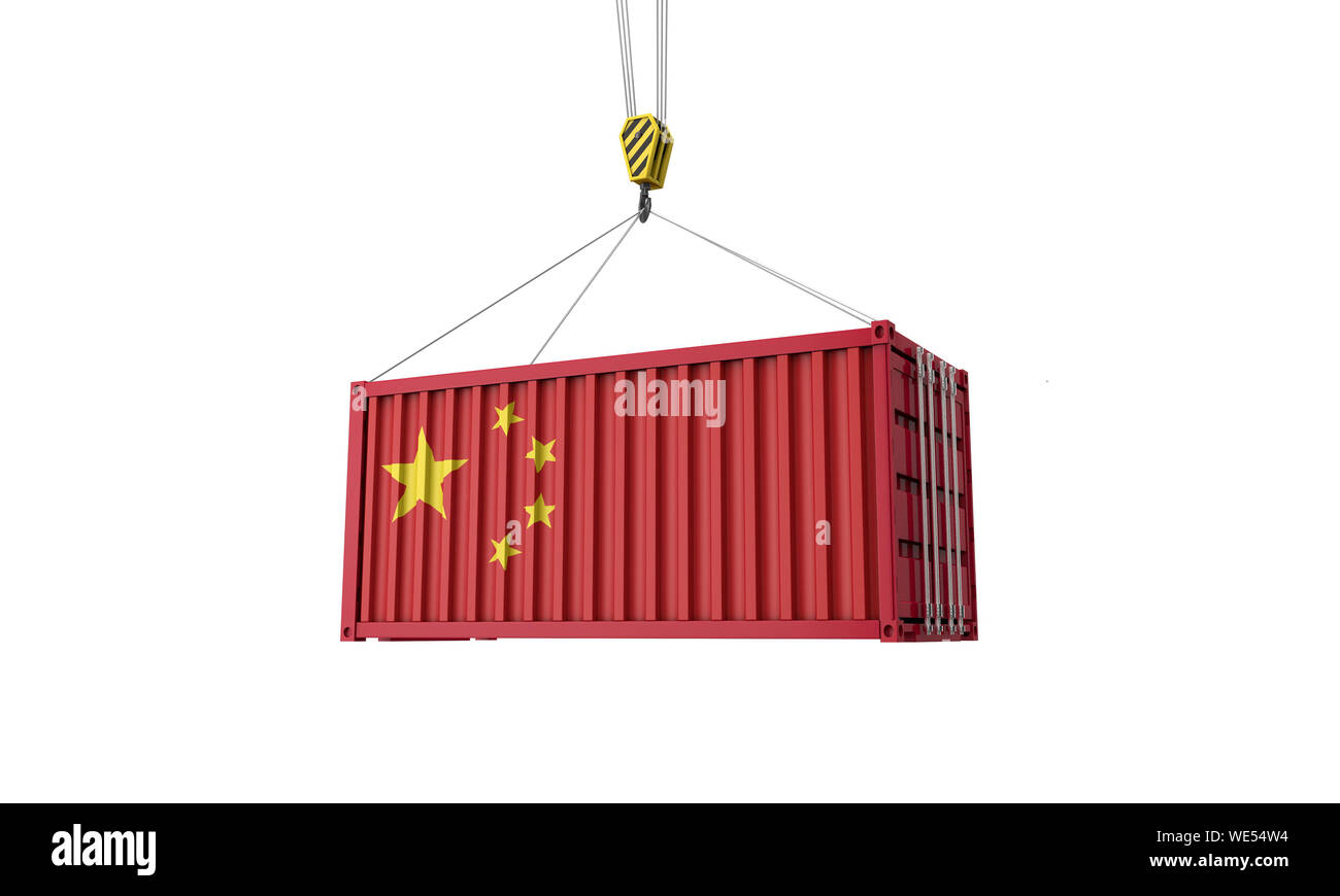 China flag cargo trade container hanging from a crane. 3D Render Stock ...