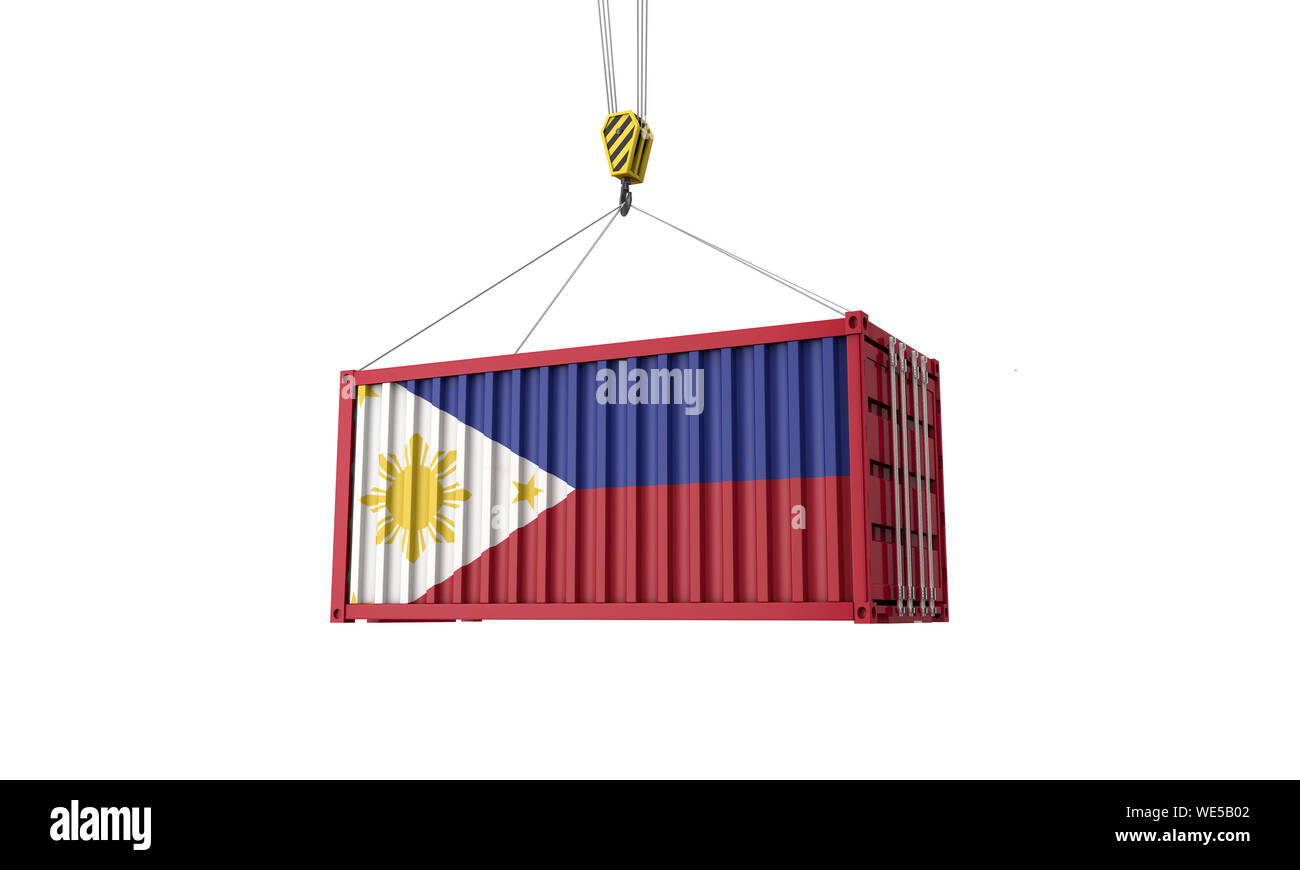 Philippines flag cargo trade container hanging from a crane. 3D Render ...