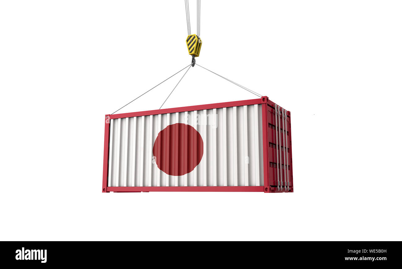 Japan flag cargo trade container hanging from a crane. 3D Render Stock ...