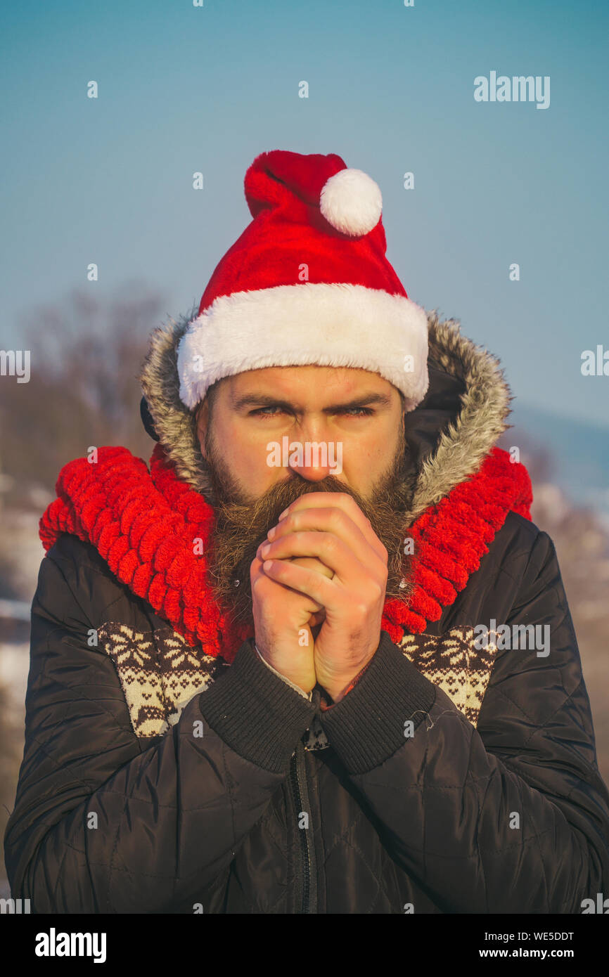 Christmas man with long beard and mustache on face Stock Photo - Alamy