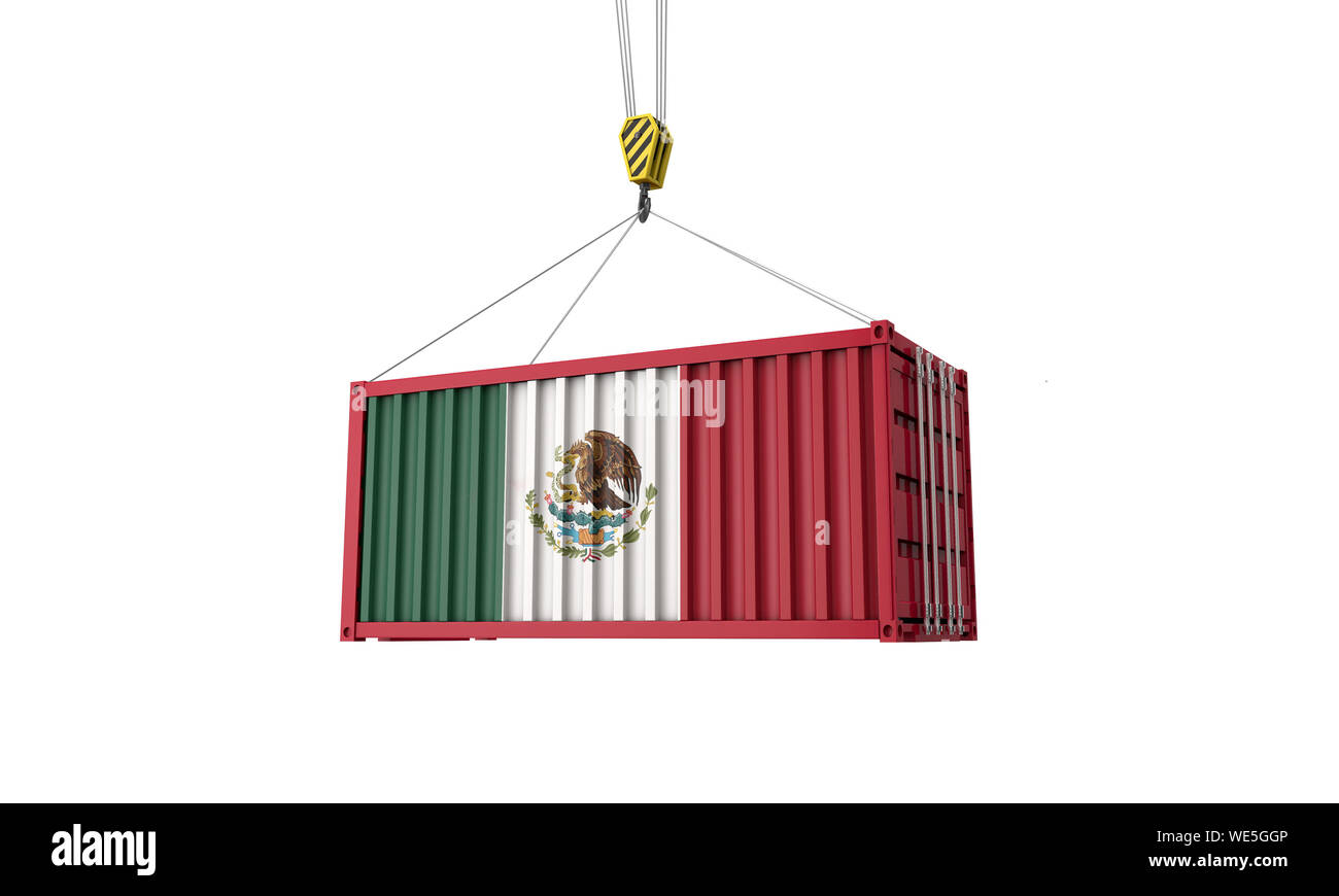 Mexico flag cargo trade container hanging from a crane. 3D Render Stock ...