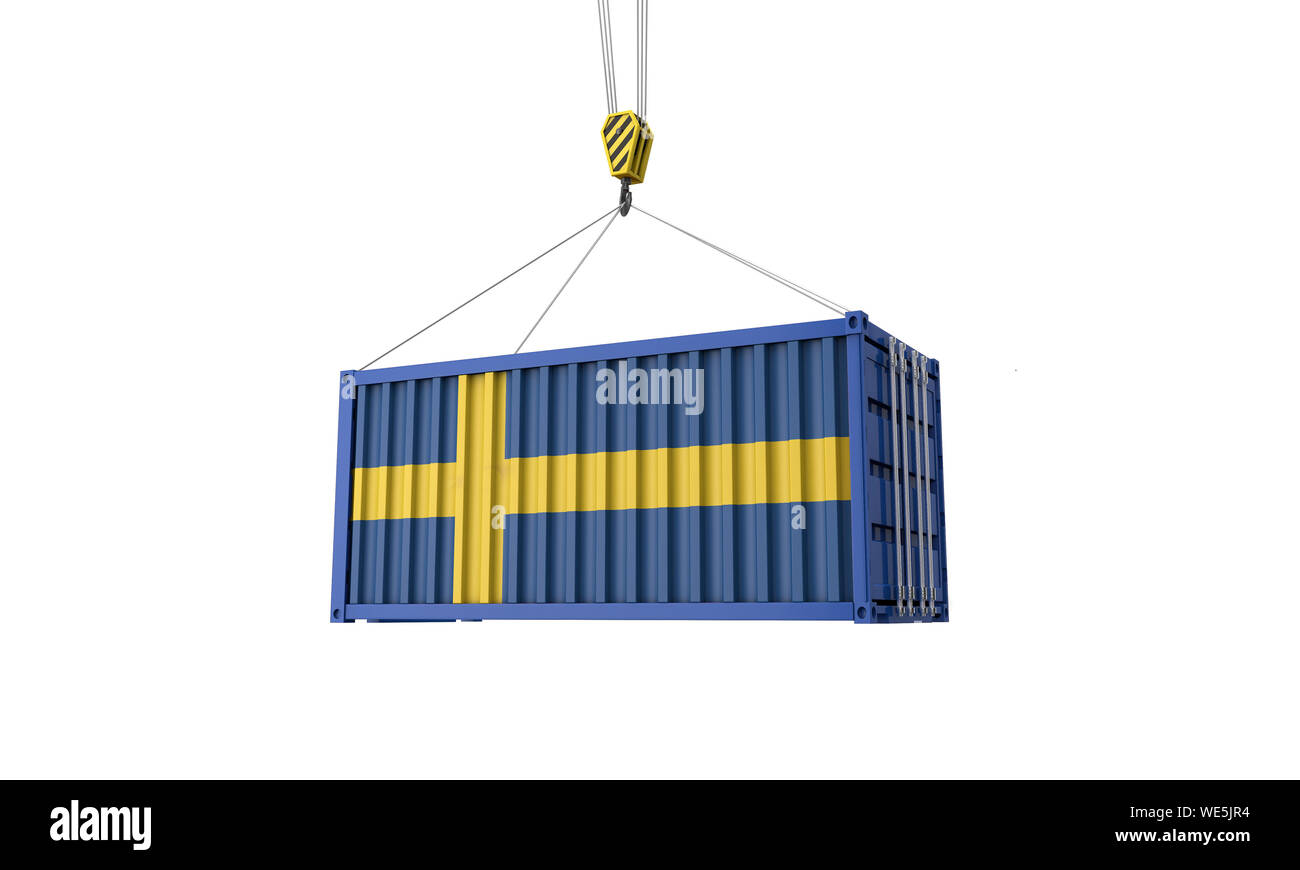 Sweden flag cargo trade container hanging from a crane. 3D Render Stock ...