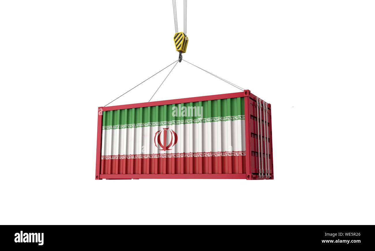 Iran flag cargo trade container hanging from a crane. 3D Render Stock ...