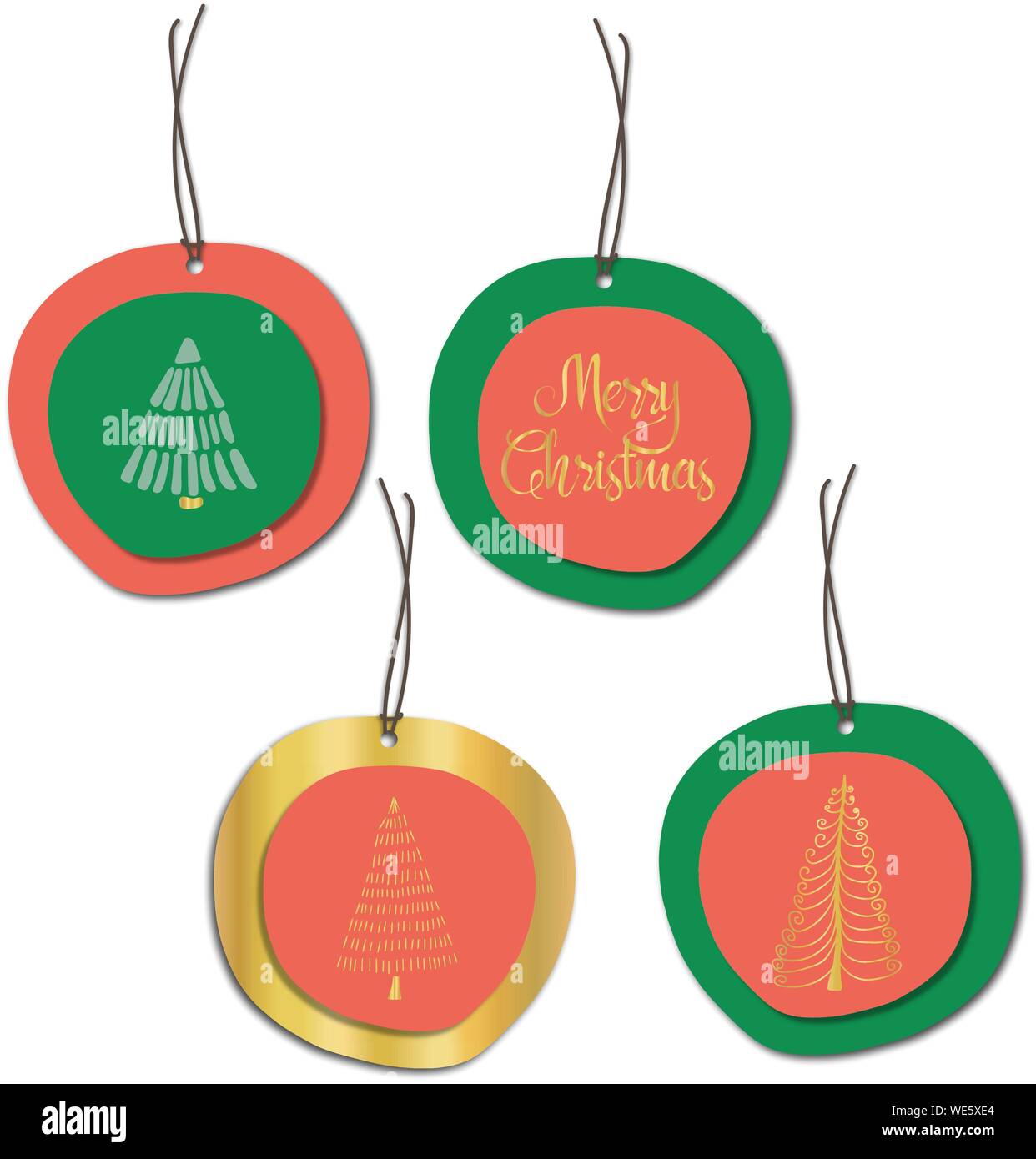 Christmas paper gift tags vector set with round shapes hand drawn ...