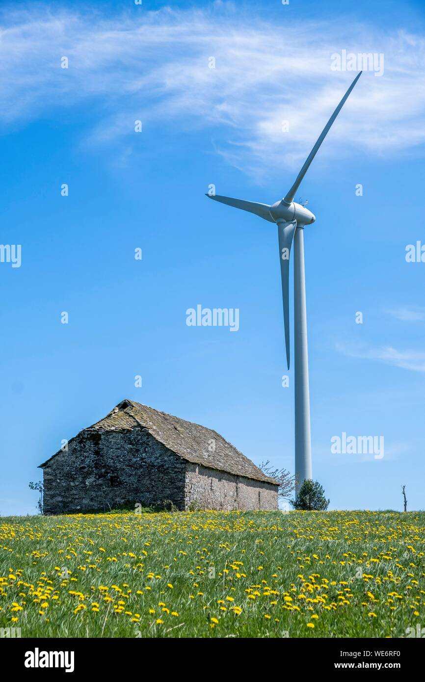 France, Aveyron, wind turbine, Levezou plateau near Pont de Salars ...