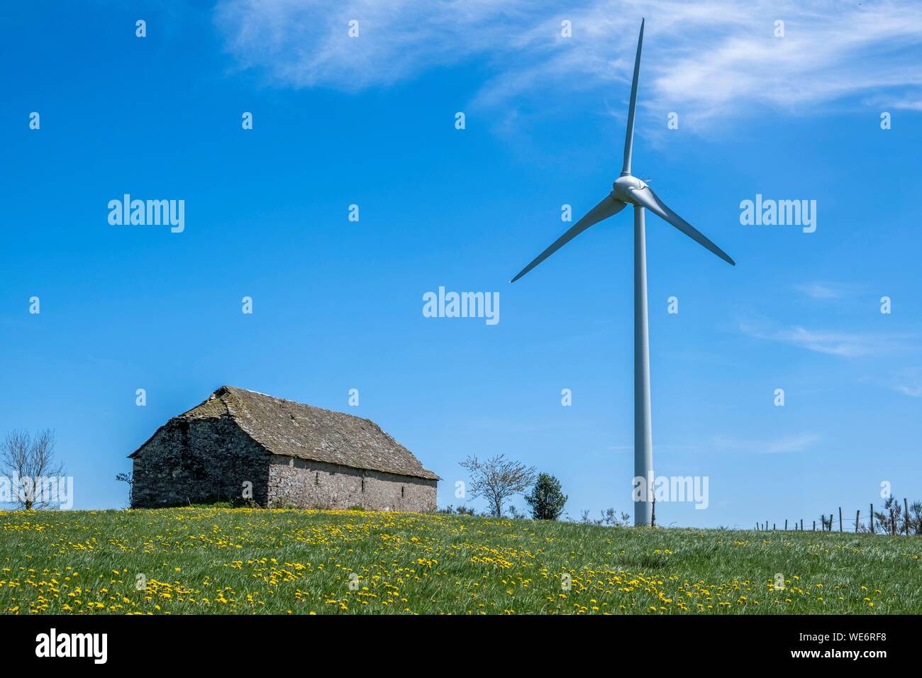France, Aveyron, wind turbine, Levezou plateau near Pont de Salars ...