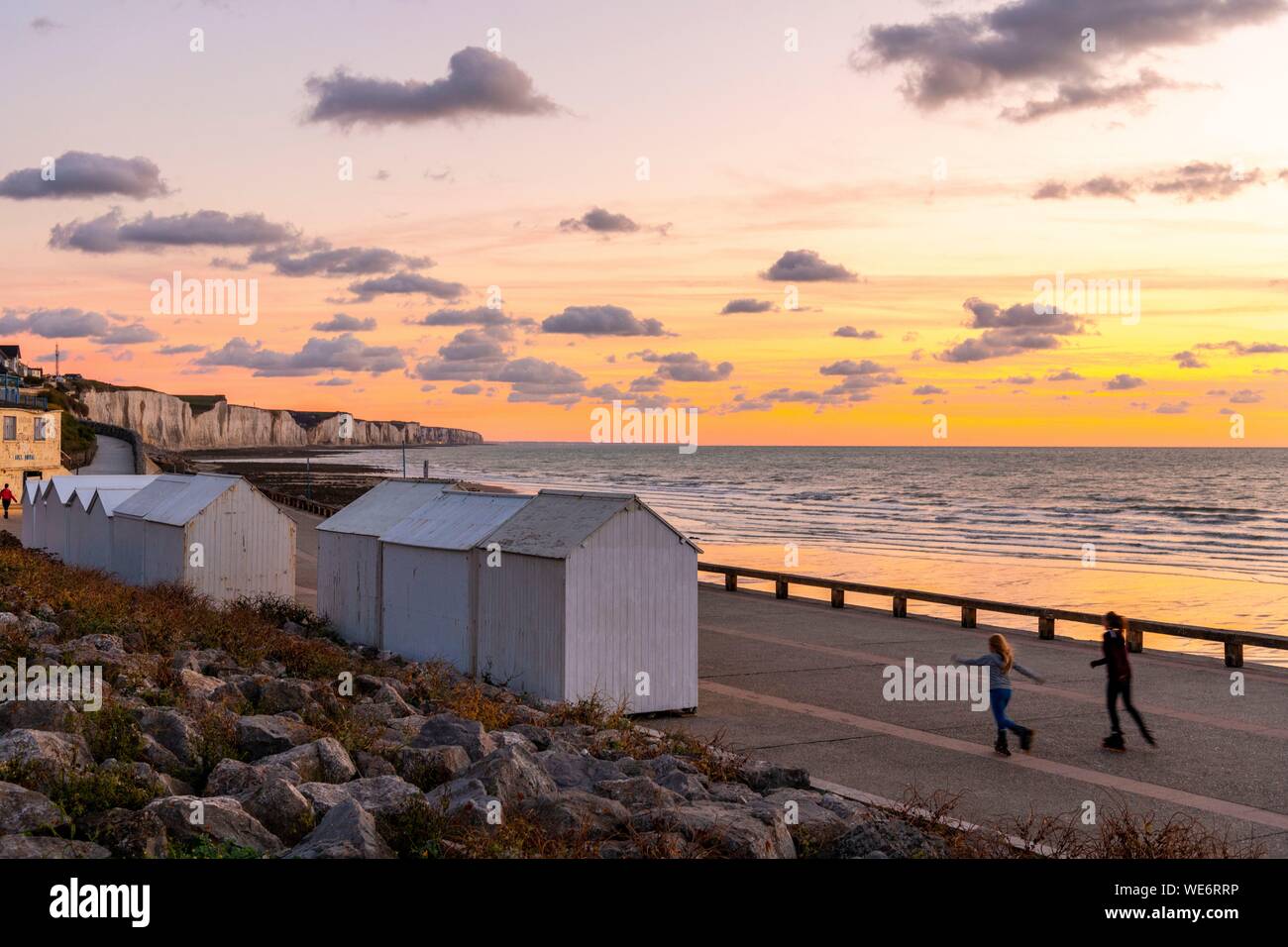 France, Somme, Ault, Sunset on the beach of Ault with an orange sky on ...