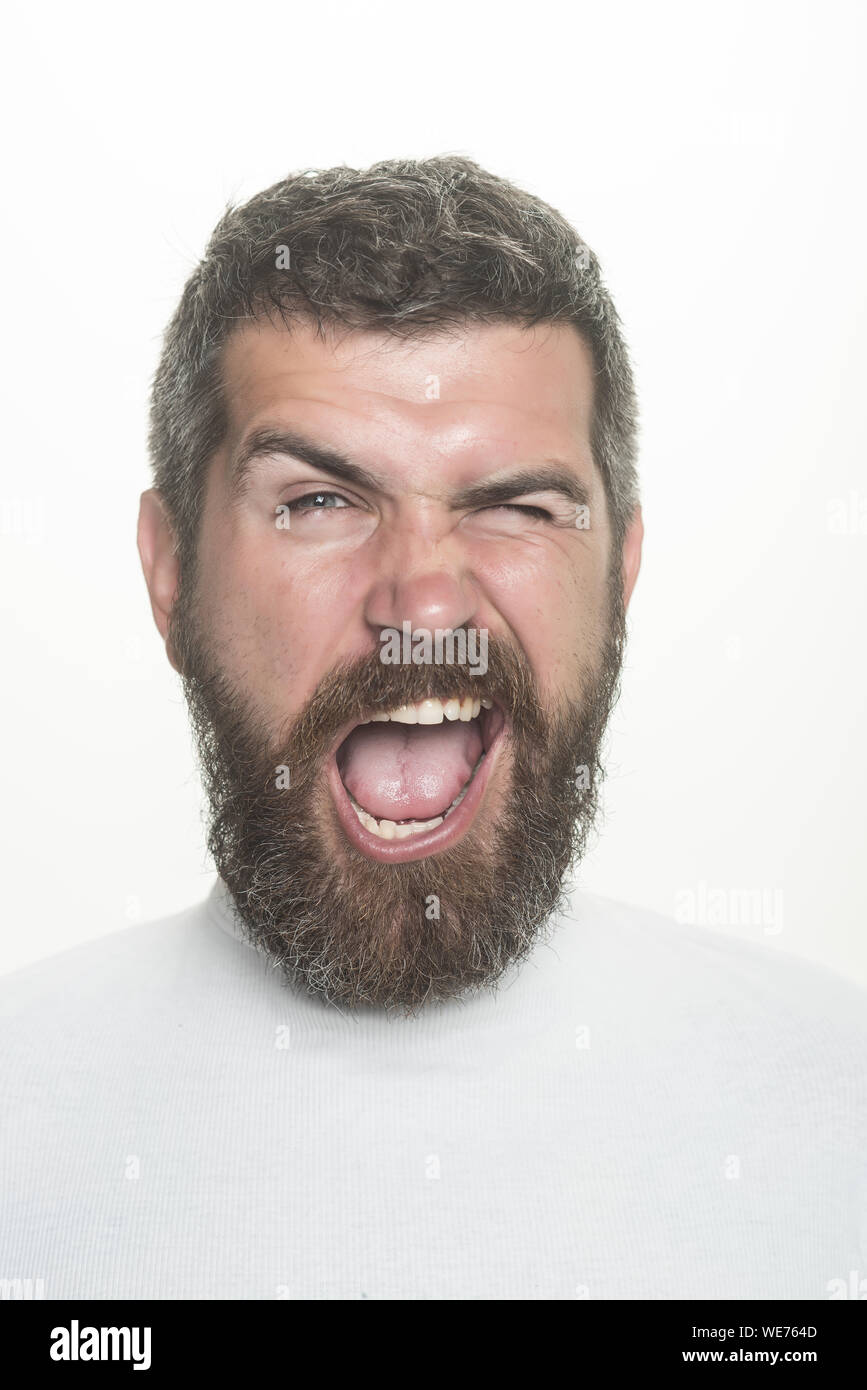 man with long beard on happy face isolated on white background Stock ...