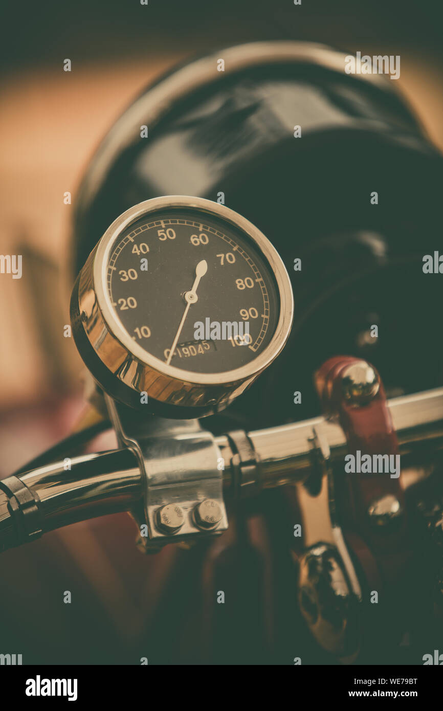 Close up vertical image of the speedometer gauge of a vintage ...