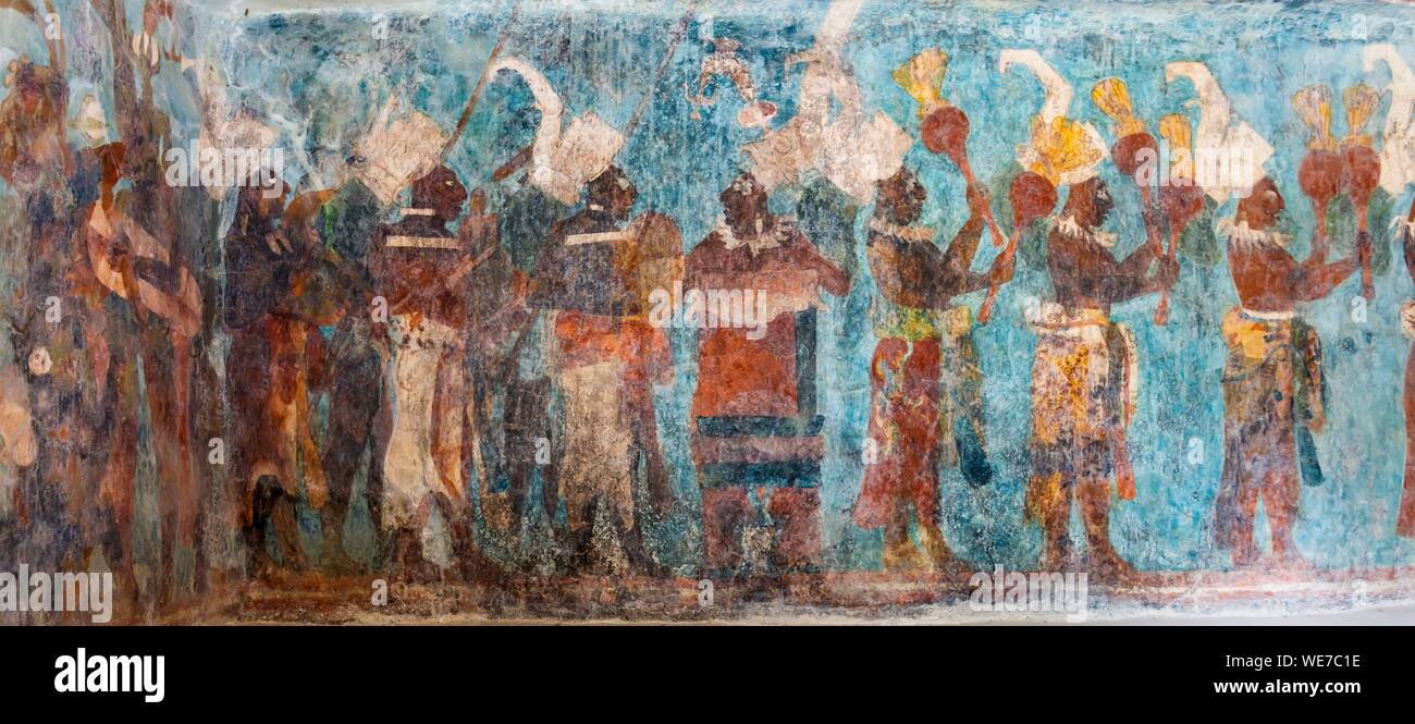 Mexico, Chiapas state, Bonampak, Maya archaeological site, paintings ...