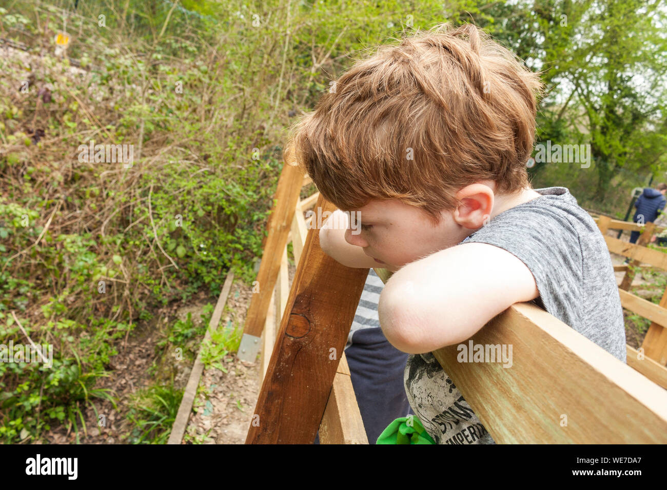 A young boy looking over a footbridge Stock Photo - Alamy