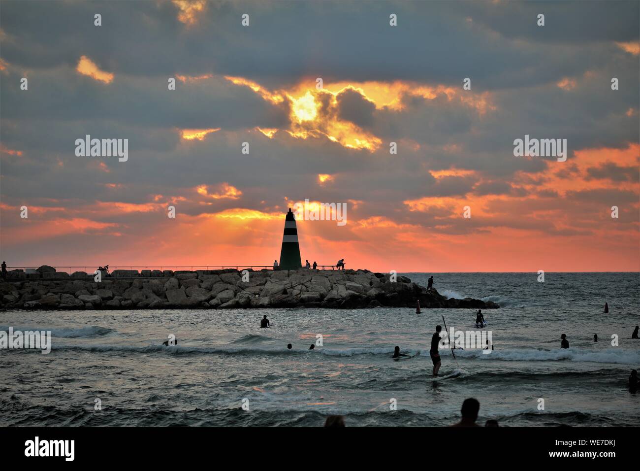 Sunset Israeli Beaches People Having Fun In Summer, Sun And Sea Stock ...