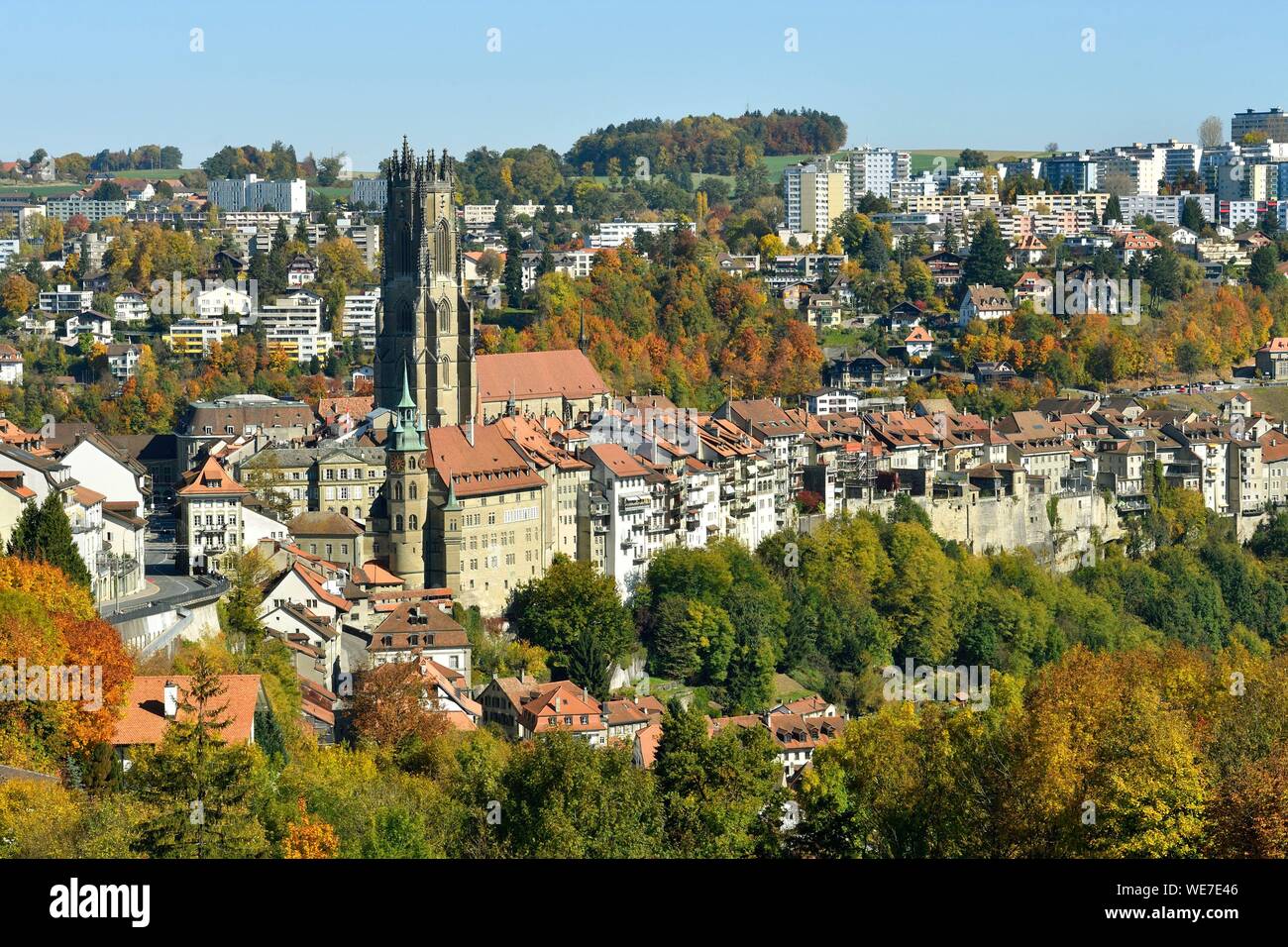 Switzerland, Canton of Fribourg, Fribourg, City Hall and San Nicolas ...