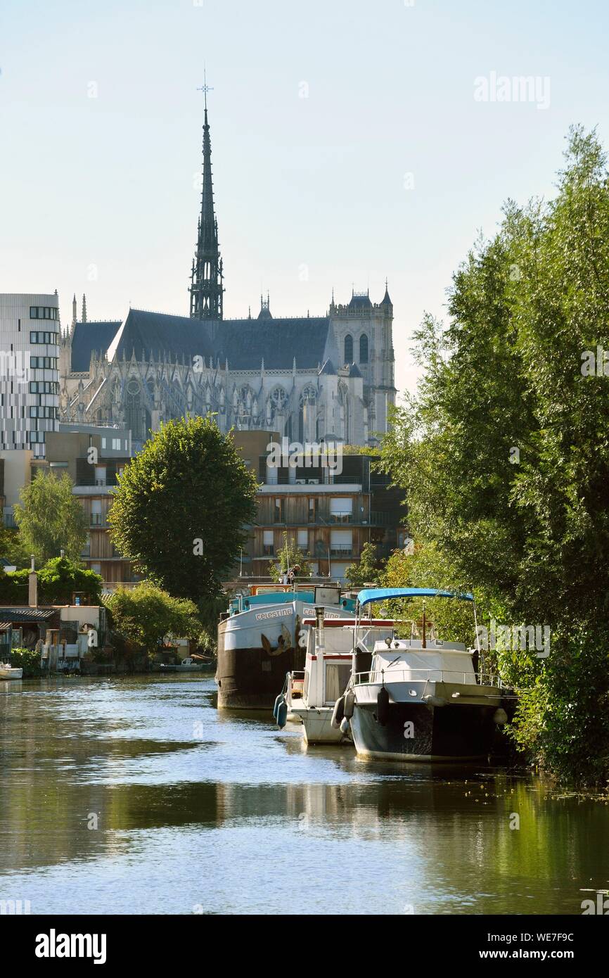 France, Somme, Amiens, banks of Somme river and Notre-Dame cathedral ...