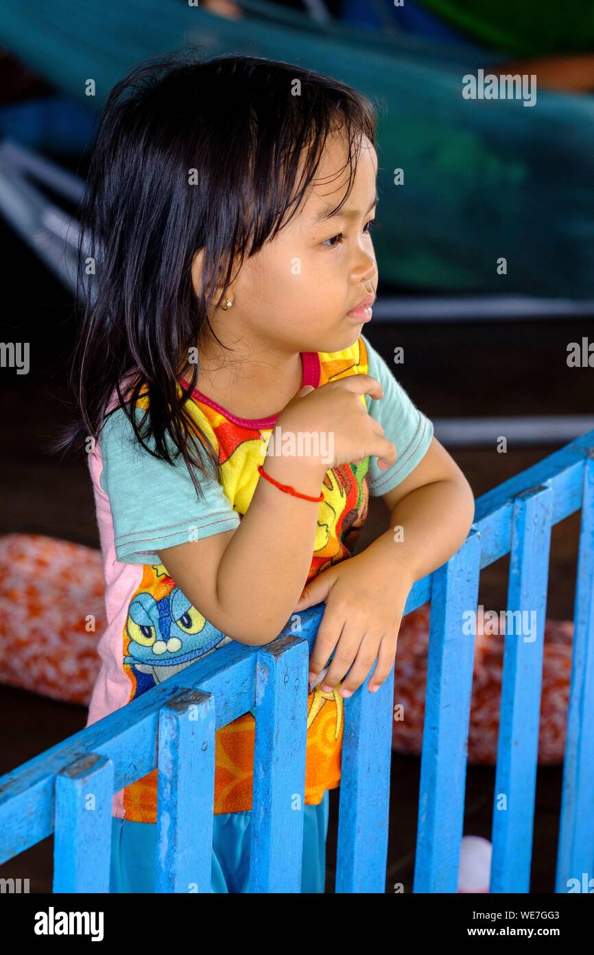 Cambodia, Kampong Cham province, Kampong Cham or Kompong Cham, floating village with a khmer and ...