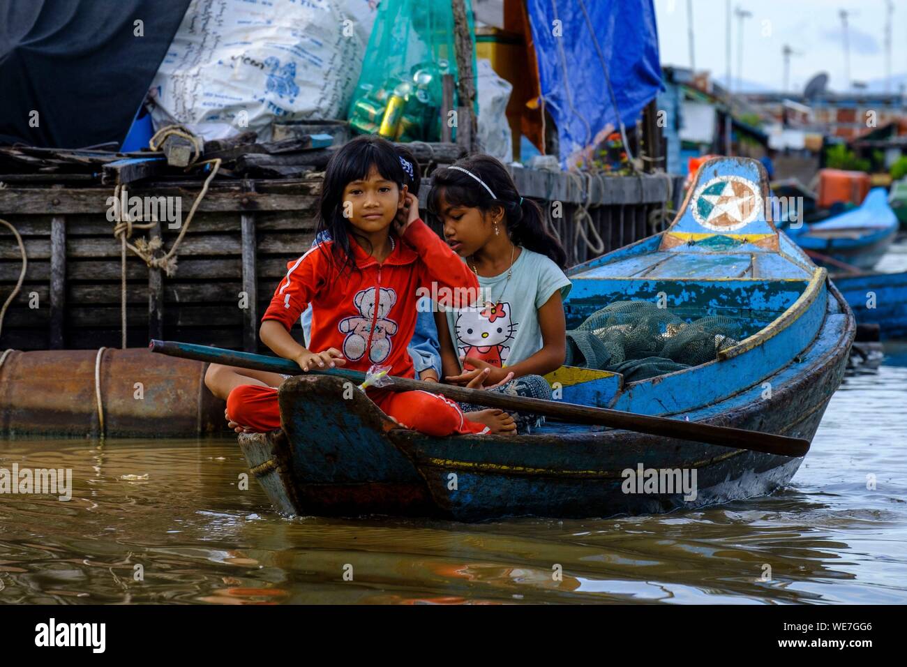 Cambodia, Kampong Cham province, Kampong Cham or Kompong Cham, floating village with a khmer and ...