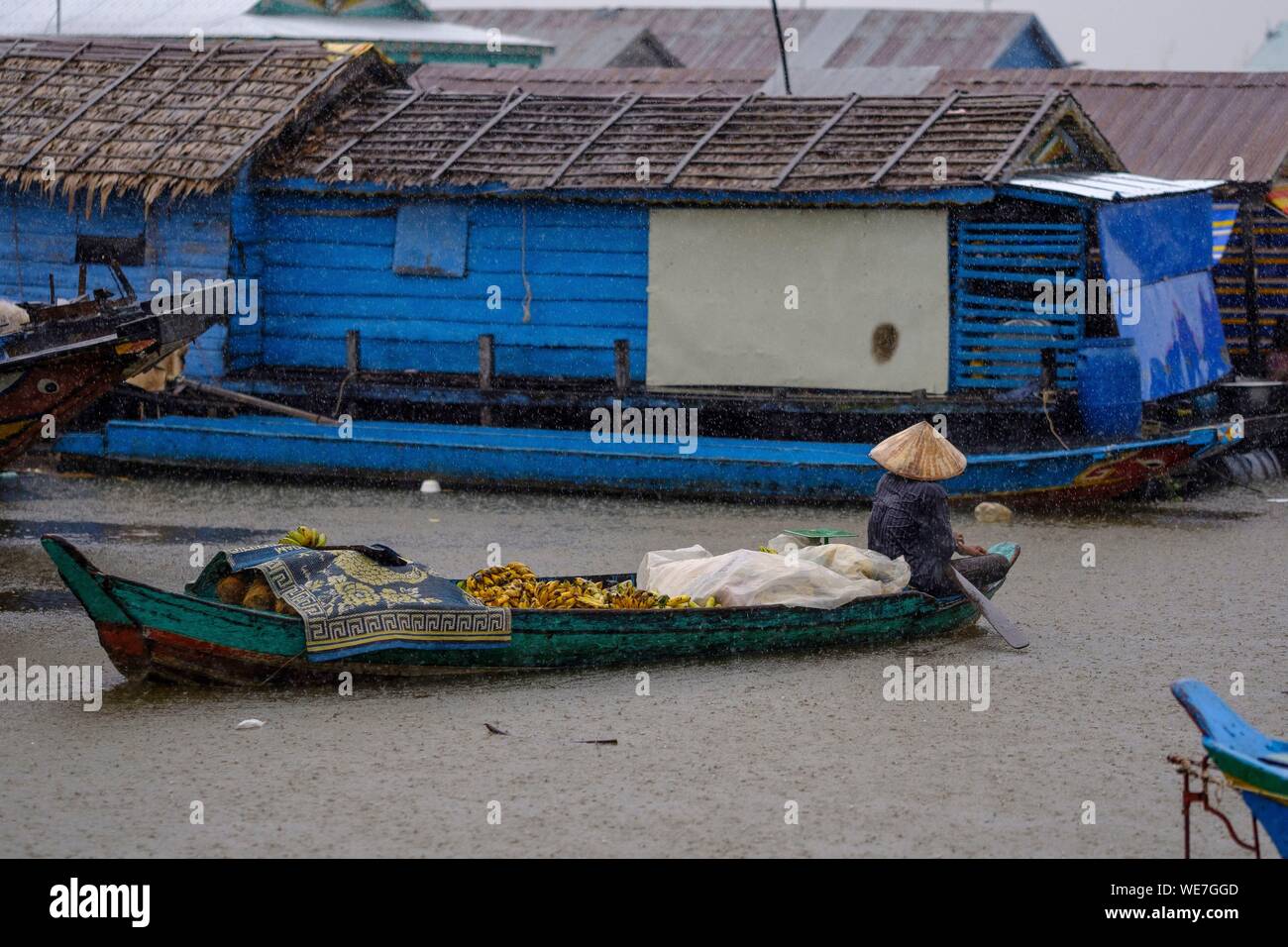 Cambodia, Kampong Cham province, Kampong Cham or Kompong Cham, floating village with a khmer and ...