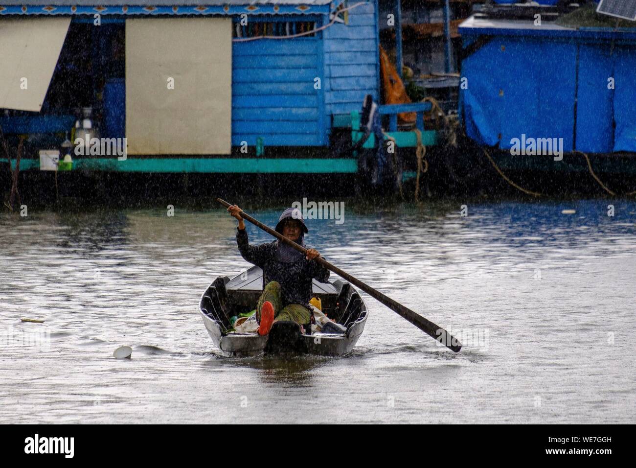Cambodia, Kampong Cham province, Kampong Cham or Kompong Cham, floating village with a khmer and ...