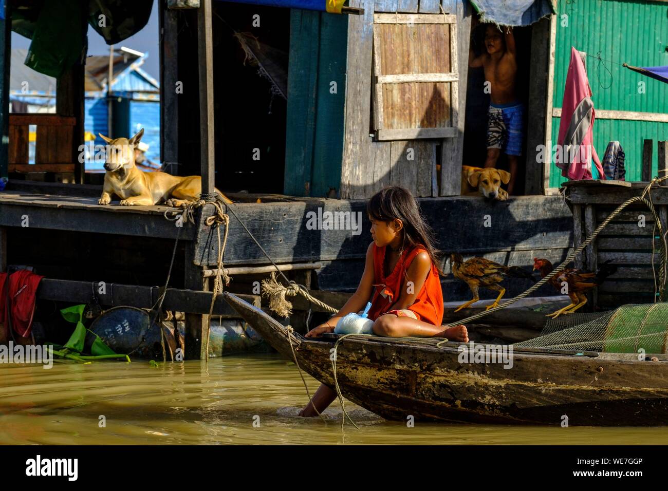 Cambodia, Kampong Cham province, Kampong Cham or Kompong Cham, floating village with a khmer and ...